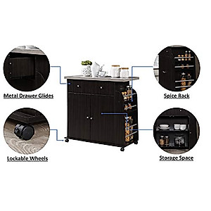 Hodedah Import Kitchen Island with Spice Rack and Towel Rack, Chocolate