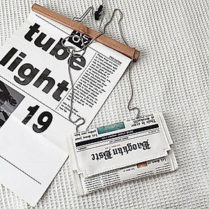 Van Caro Women Novelty Newspaper Evening Handbag,Fashion Envelope Clutch Crossbody Shoulder Purse,PU Leather Letters Chain Purse,White