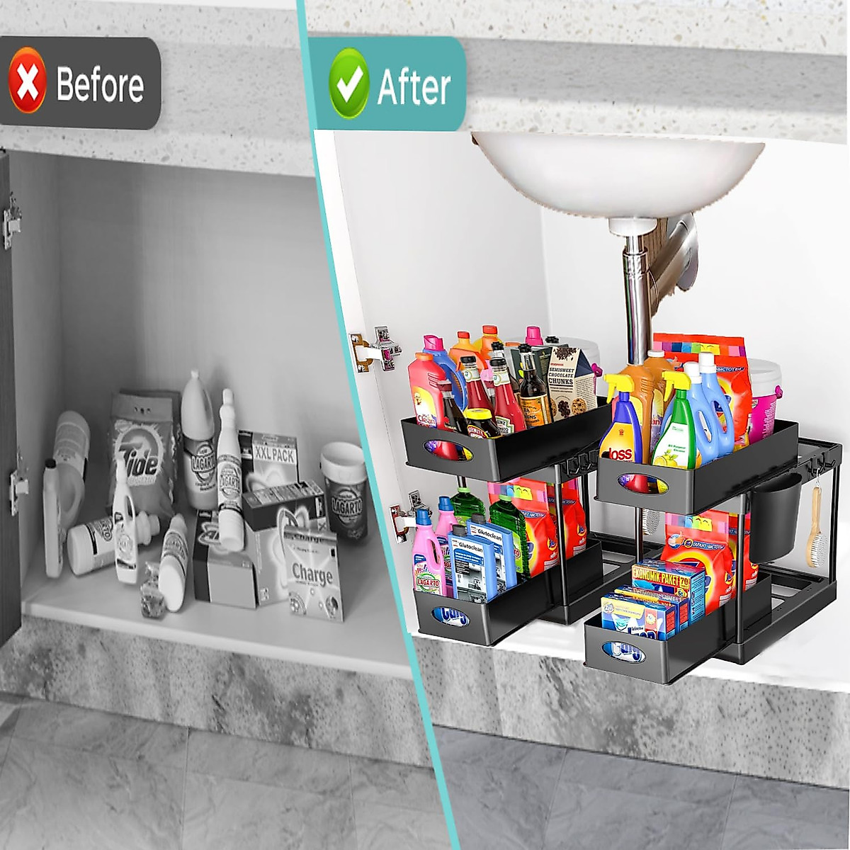 2 PackUnder sink organizer, double pull-out drawer multi-purpose under sink organizers and storage for bathroom kitchen,8 hooks 4cup