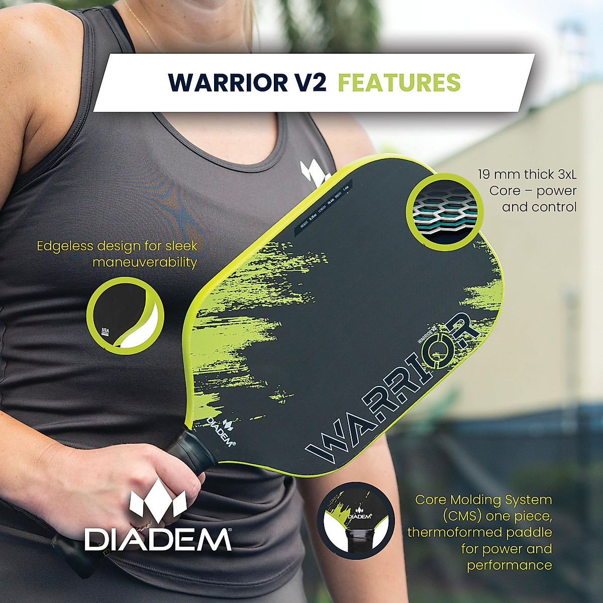 Diadem Warrior V2 Pickleball Paddle – Liquid Carbon Fiber Edgeless Design, Etched Face for Lasting Spin, 19MM Thick, 3 Layer Construction (Yellow)