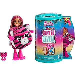 Barbie Cutie Reveal Chelsea Small Doll, Jungle Series Tiger Plush Costume, 7 Surprises Including Mini Pet & Color Change