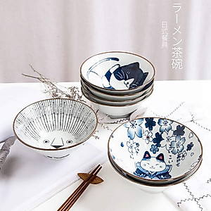 SCAU 7 Inch Cartoon Lucky Cat Ceramic Ramen Bowl Soup Salad Rice Porcelain cute Lucky Cat Cereal Bowl Japanese Style Set 2 gift blue Round shape (Cat-No2)