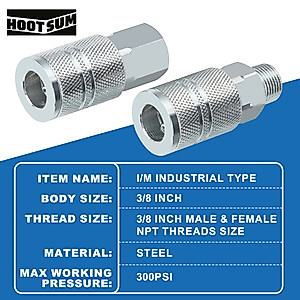 HOOTSUM 3/8’’ Air Hose Quick Connect Fittings, High Flow 3PCS 3/8” Air Coupler and 6PCS 3/8” Air Plug with 3/8 Inch NPT Threads, I/M Industrial Type 10PCS Air Compressor Accessories Connection Kit