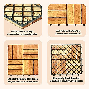 Cloverholm 10 Pcs Acacia Wood Deck Tiles - Waterproof, 12' x 12', Patio Tiles for Indoor & Outdoor, Garden, Roof Terrace - Checker Pattern (Natural-12S-9P)