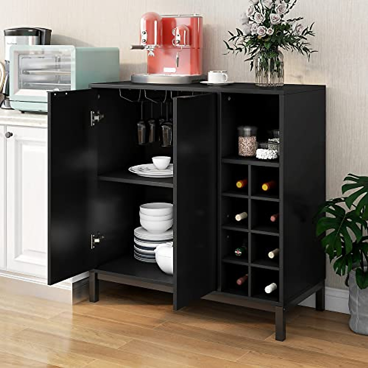 Recaceik Sideboard Buffet Cabinet, Modern Coffee Bar Cabinet Kitchen Storage Cabinet with Removable Wine Rack & Adjustable Shelf, 2 Doors Bar Buffet Sideboard for Living Room