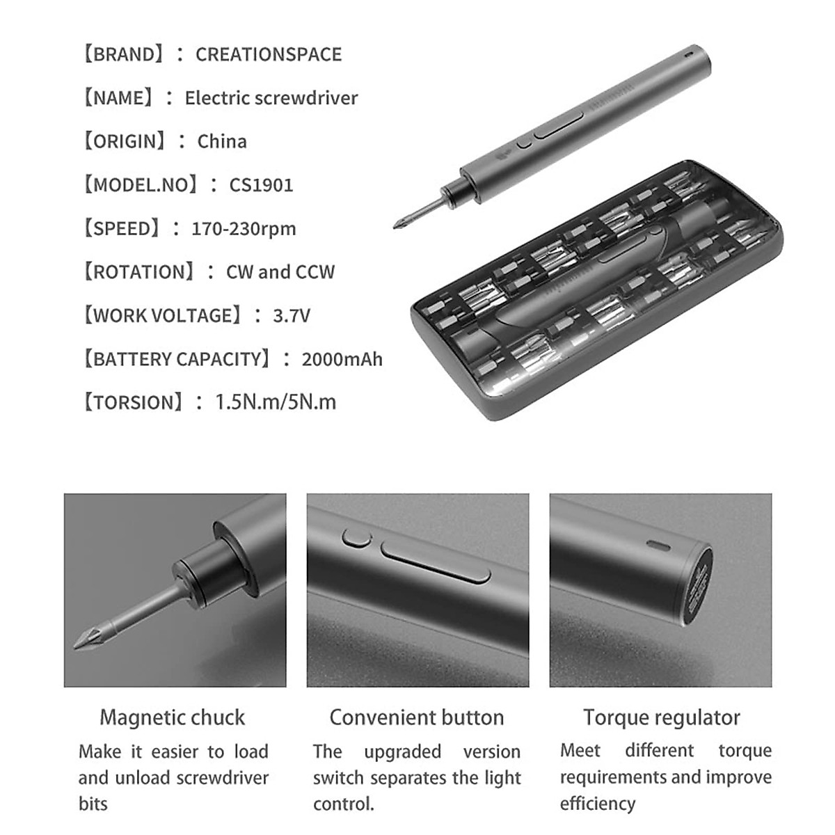 CS1901A Cordless Electric Screwdriver Kit 1.5Nm Mini Tools USB Charging 3.7V Electric Screwdriver Variable Speed Cordless Screwdriver Tool Rechargeable