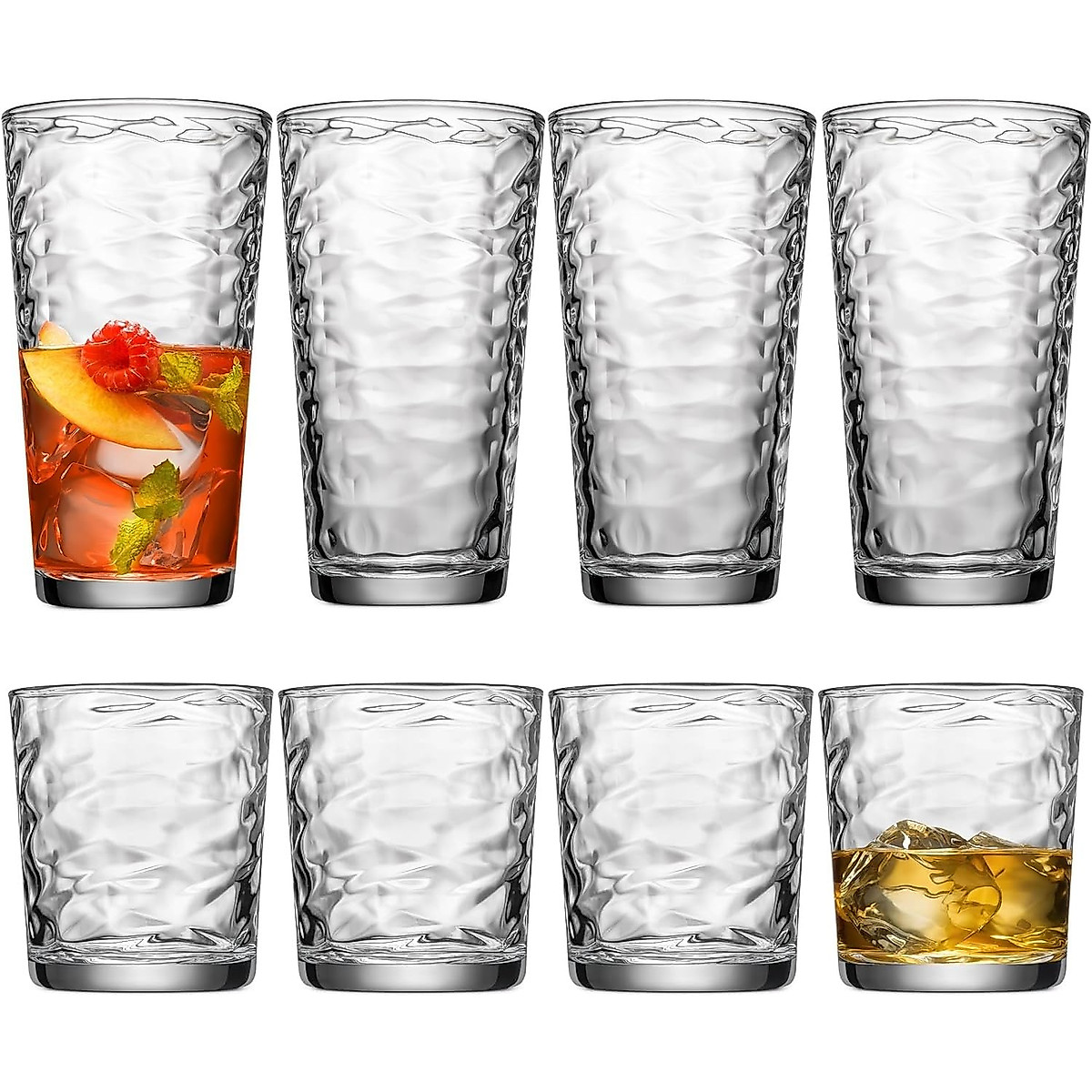 Glaver's Glassware Set of 8 Drinking Glasses, 4-17 Oz Highball Glasses and 4-13 oz. Whiskey Glasses. Origami Kitchen Glass Cups for Home Bar Uses Water, Juice, and Cocktails.