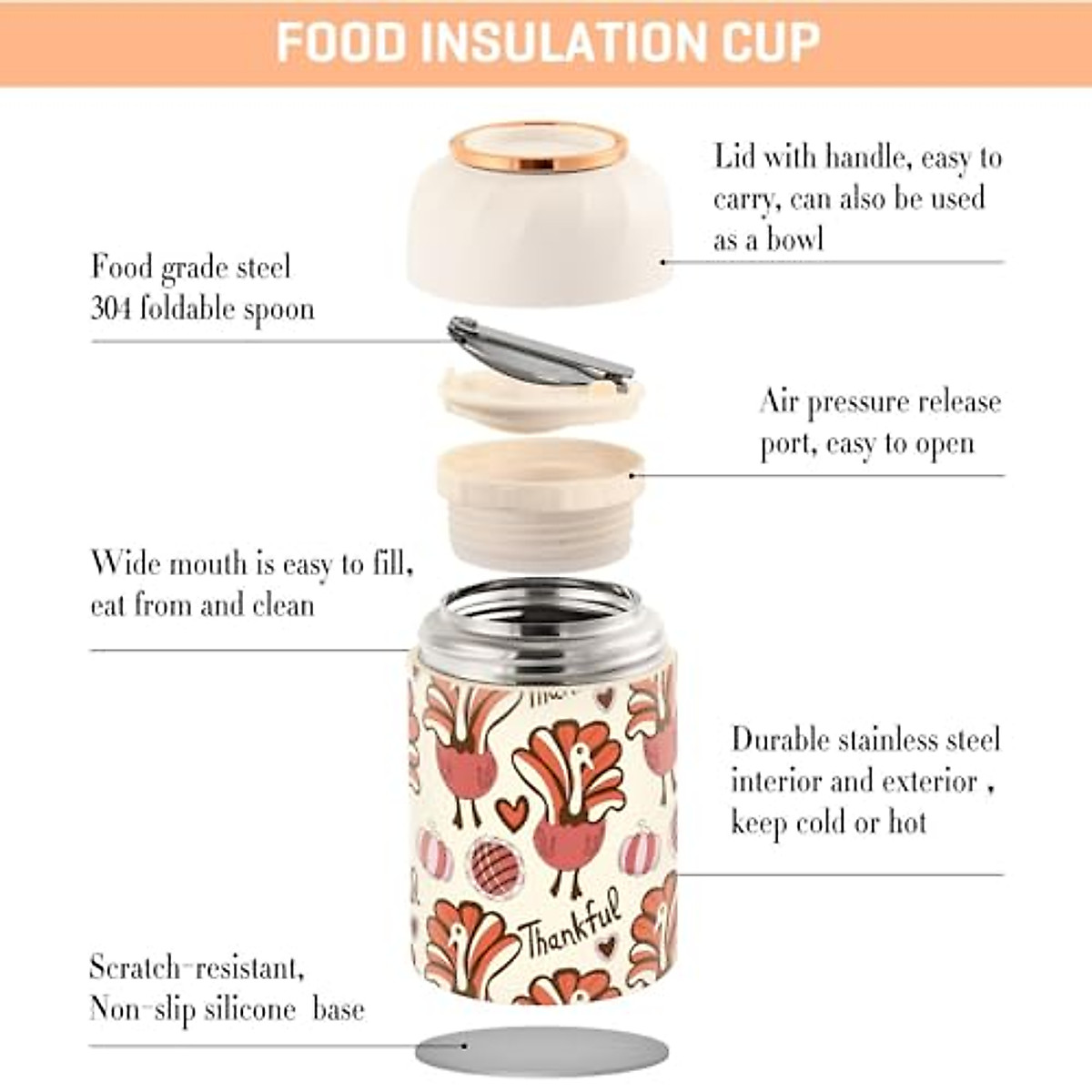 JUNZAN Cute with Turkey Pumpkin and Pie Kids Womens Insulated Food Jar with Spoon 17oz/500ml Kids Lunch Box Stainless Steel Vacuum Portable Soup Containers for Keep Food Warm