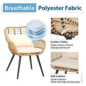 JOIVI 3 Piece Outdoor Wicker Conversation Bistro Set, Patio Furniture Rattan Chairs and Square Side Table Set for Porch, Balcony, Poolside, Yard, White Cushion