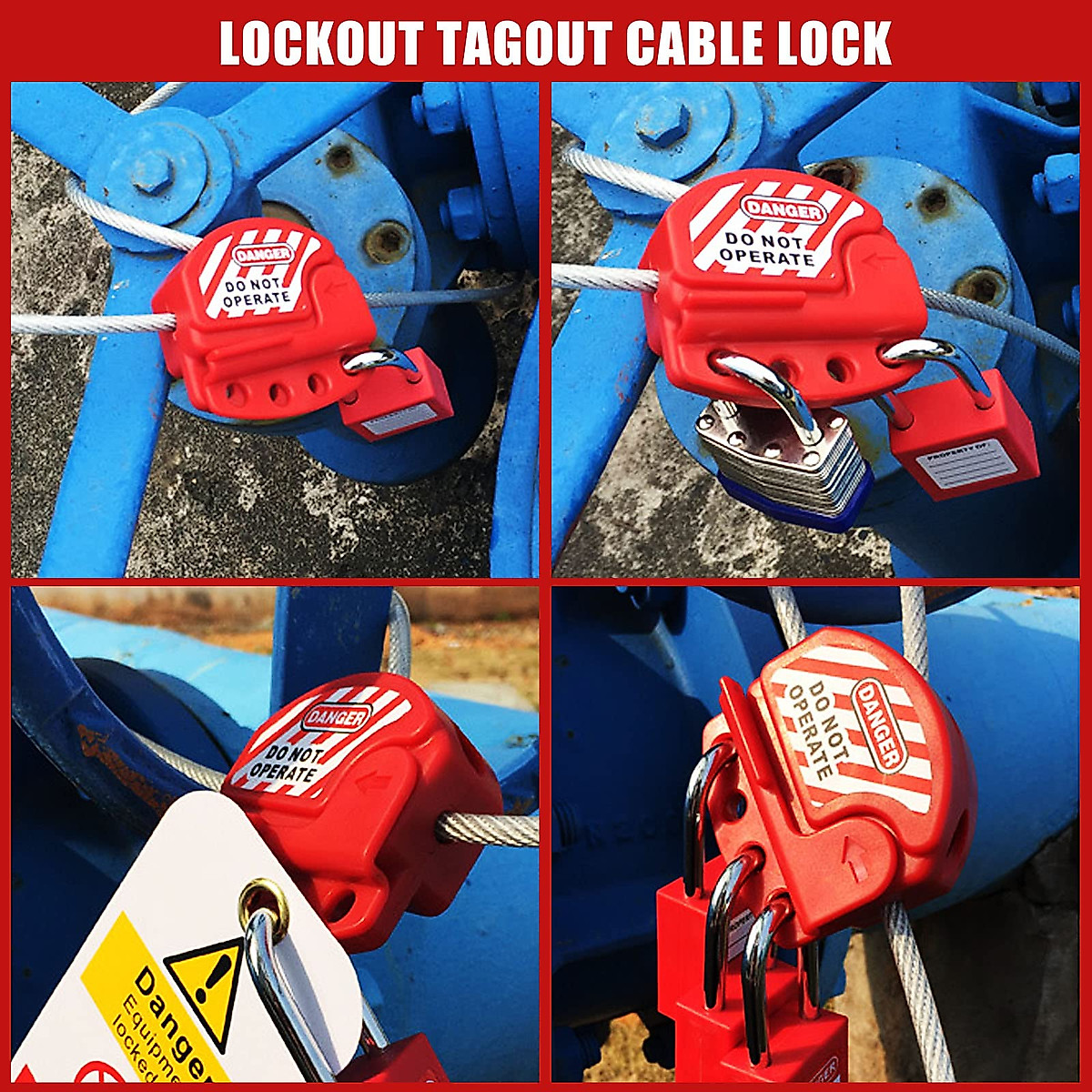 Lockout Tagout Cable Lock 9 PCS Adjustable Loto Steel Cable with Vinyl Coated,1/4" Diameter, 6' Length,for Alamanda Lock Out Tag Out Station Kit