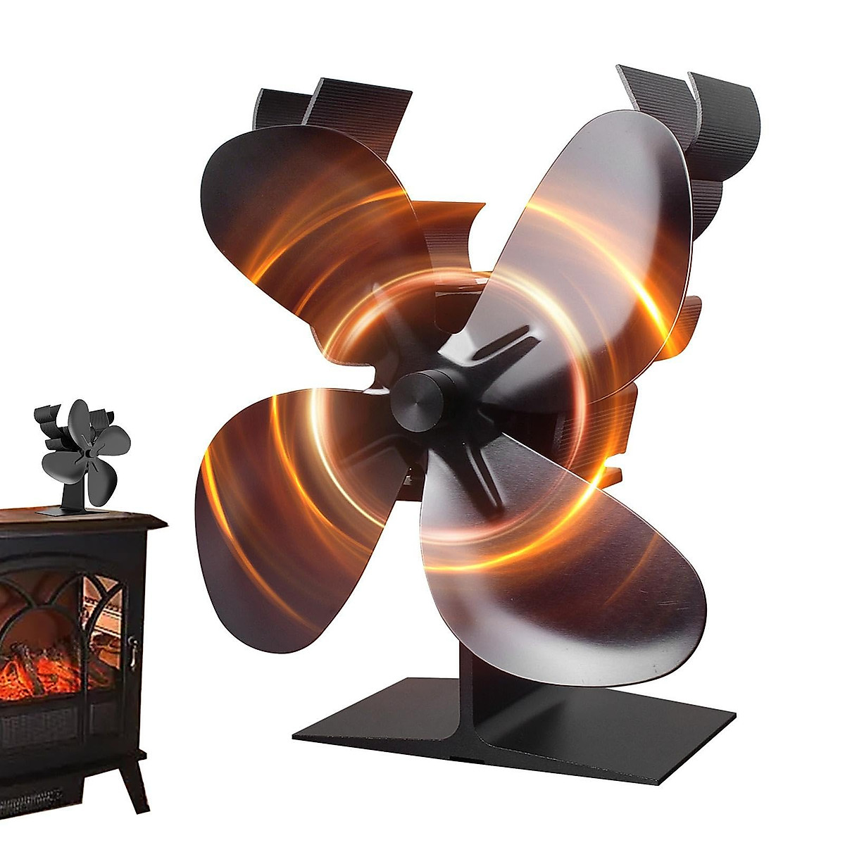 heybb Woodburner Stove Fan, 4 Blades Wood Stove Fans Heat Powered, Silent Operation with Stove Thermometer for Wood, Log Burner, Fireplace, Eco Friendly Circulatons and Efficient Heat Distributions