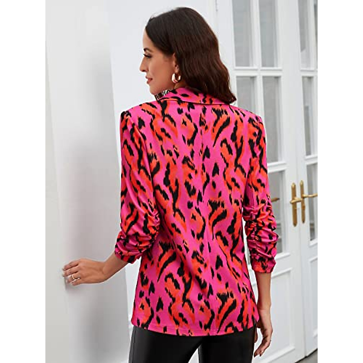 Verdusa Women's Leopard Print Ruched 3/4 Sleeve Shawl Collar Blazer Jacket Hot Pink L