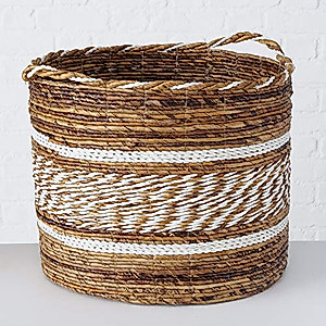 Rustic Stripes Wicker Baskets. 4 Piece Set, Washed and Rolled Banana Leaf, White Twine, Loop Carry Handles, Bucket Bottoms, 18, 15.75, 14.25, 12.5 Inches Diamet