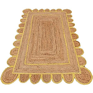THE RUG CAFE Natural Scalloped Jute Area Rug Bohemian Scallop Boho Decor Area Handwoven Custom Rugs Decorative Rug Natural Base Off Color Trim Reversible Braided Woven Rugs (Yellow 3 X 5 Feet)
