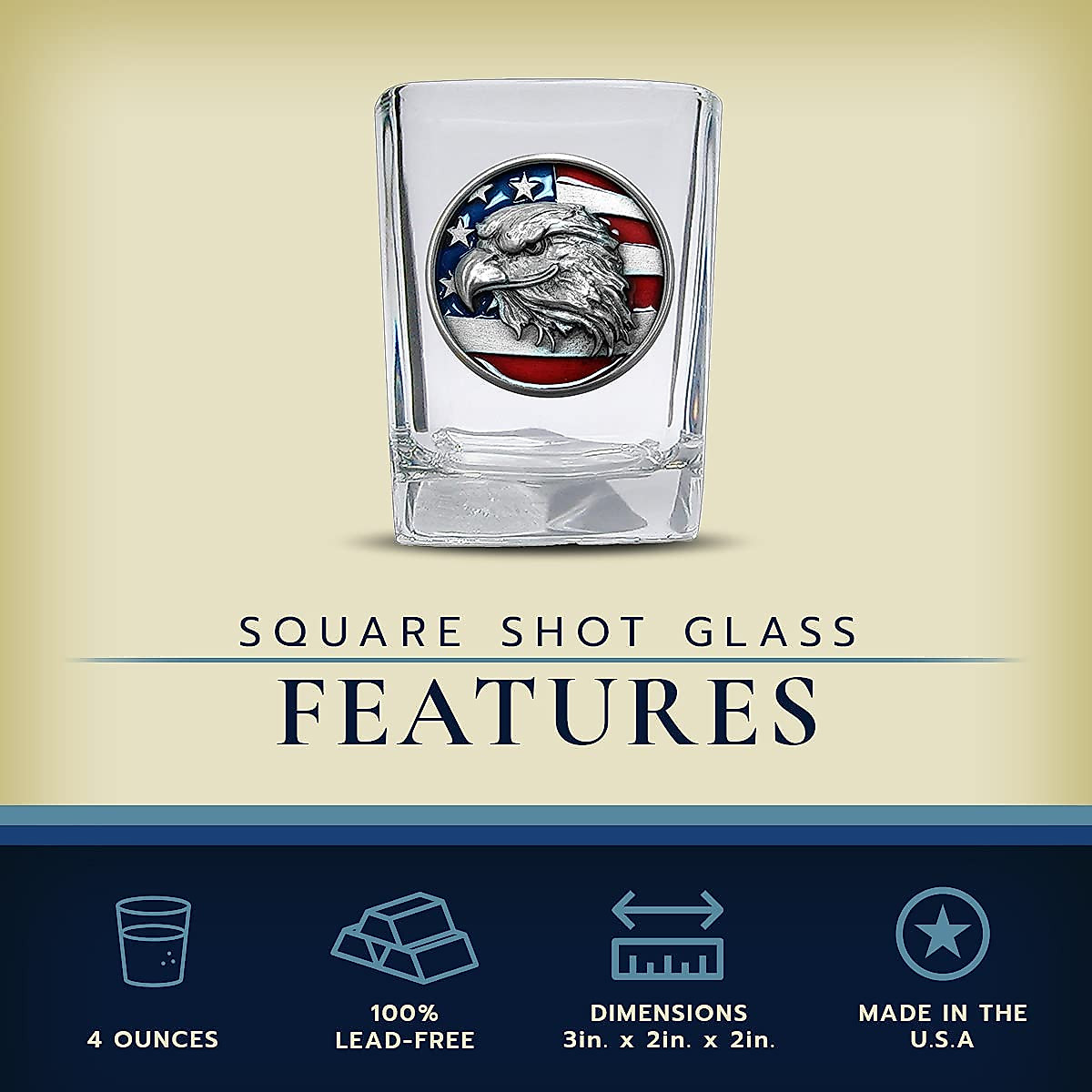 Heritage Pewter Eagle with Flag Square Shot Glass | Hand-Sculpted 1.5 Ounce Shot Glass | Intricately Crafted Metal Pewter Inlay