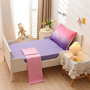 NTBED 4 Pieces Toddler Bedding Set for Baby Girls, Pink Purple Glitter Printed, Includes Comforter, Flat Sheet, Fitted Sheet and Pillowcase