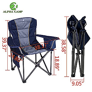 ALPHA CAMP Oversized Camping Folding Chair Heavy Duty with Cooler Bag Support 450 LBS Steel Frame Collapsible Padded Arm Quad Lumbar Back Chair Portable for Lawn Outdoor,Blue