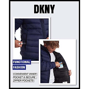 DKNY Boys Jacket – Midweight Insulated Quilted Outerwear Parka Puffer Coat – Water Resistant Boys Winter Hooded Jacket (8-20), Size 14-16, Navy Blue