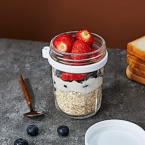 Overnight Oats Containers with Lids 2, 10oz Wide Mason Jars with Spoon - Great for on-the-go cereal containers - Very convenient for use on the go, Sealed glass jars are ideal for home, office or on-the-go (White)