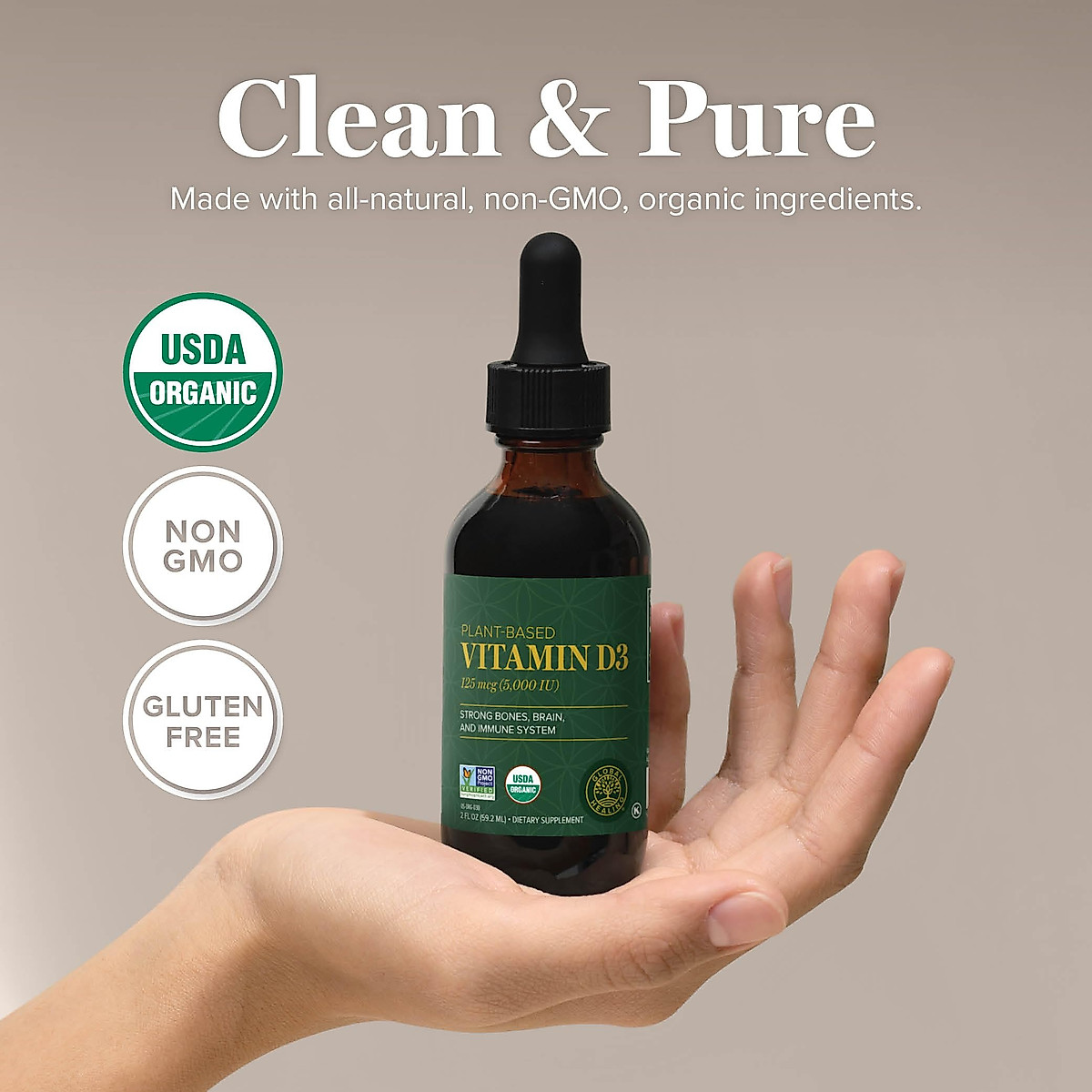 Global Healing USDA Organic Vitamin D3 5000IU Liquid Supplement Drops for Women & Men- Non-GMO Helps Support Bones and Immune System. Vegan-Friendly Formula Delivers Active Form of Vitamin D(2 Fl Oz)