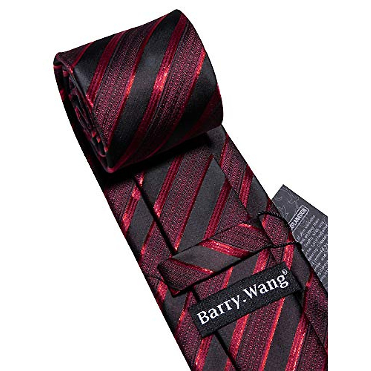 Barry.Wang Stripe Men Ties Set Classic WOVEN Necktie with Handkerchief Cufflinks Formal Black Red