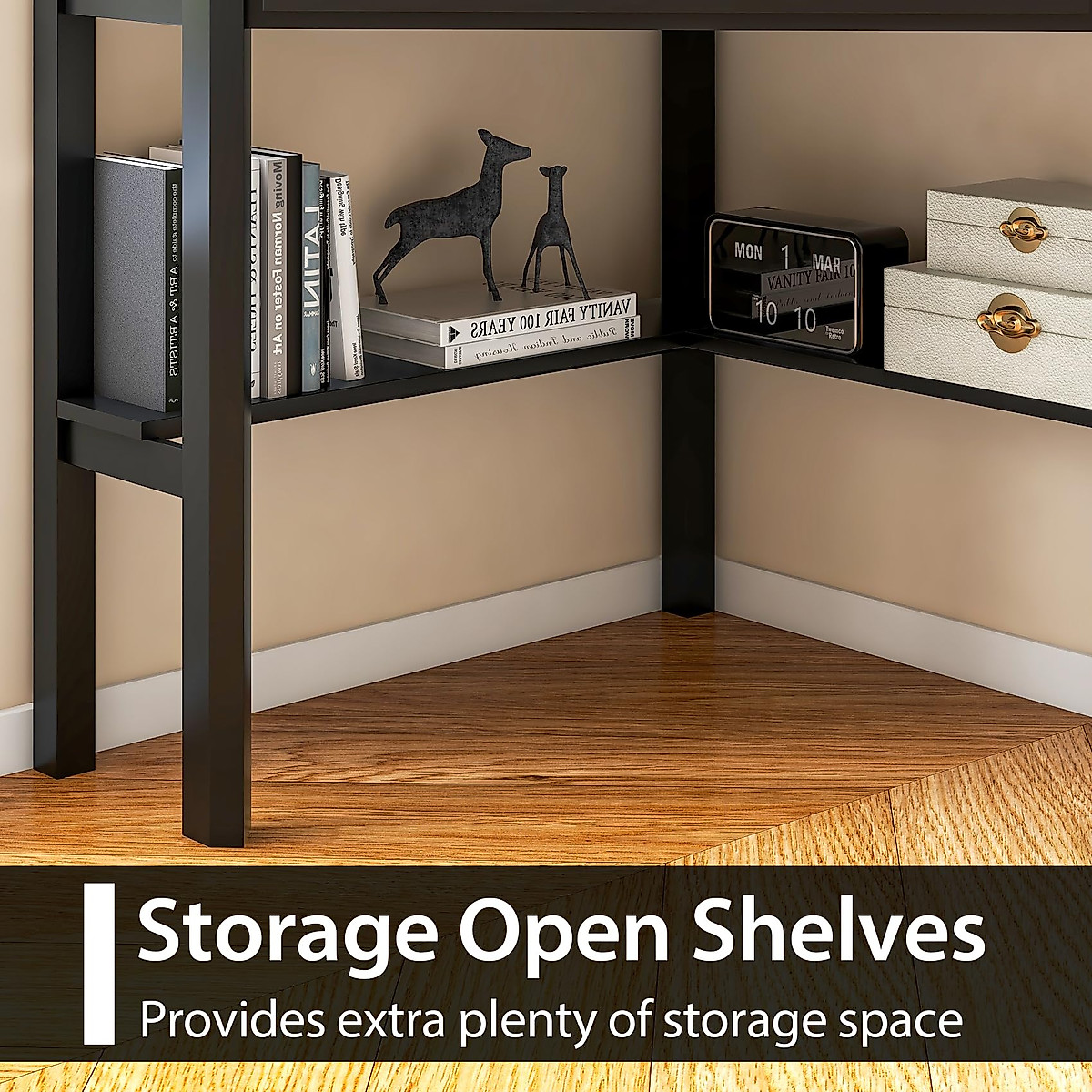 Nightcore Small, Wood Computer Desk, Compact Writing w/Drawer & Storage Shelves, Space Saving Study Workstation, Laptop PC Corner Table, Coffee