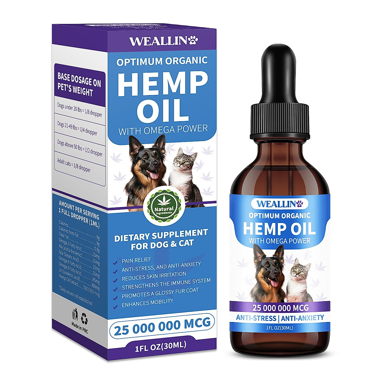 WEALLIN Hemp Oil for Dogs and Cats, Rich in Omega 3, 6, 9 and Organic Extract Helps Pets with Anxiety, Pain, Skin and Coat Health, Stress, Hip and Joint Support, Pet's Calming Treat (1 Pack)