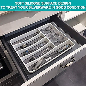 SUJUDE Silverware Drawer Organizer - Non Slip Utensil Tray Narrow, Kitchen Cutlery Tray Drawer Organizers Plastic 6 Compartment Gray Tray