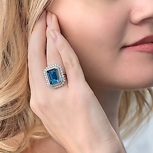 Gem Stone King 925 Sterling Silver London Blue Topaz Ring For Women (10.10 Cttw, Emerald Cut 14X10MM, Gemstone Birthstone, Available In Size 5, 6, 7, 8, 9)