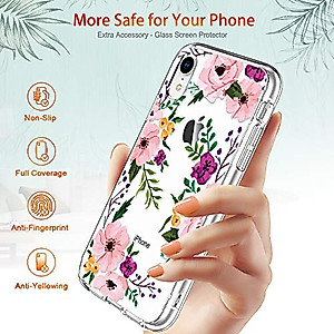 GiiKa iPhone XR Case with Screen Protector, Clear Heavy Duty Protective Case Floral Girls Women Shockproof Hard PC Back Case with Slim TPU Bumper Cover Phone Case for iPhone XR, Small Flowers