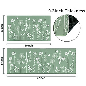 Sage Green Kitchen Mat Rug Set of 2- Plant Floral Butterfly Kitchen Rugs with Runner Kitchen Decor Accessories Things, Kitchen Rug Mat- Leaves Rugs for Home Kitchen Large- 17x30 and 17x47 Inch