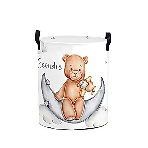 Teddy Bear Sits on Moon Personalized Foldable Freestanding Laundry Basket Clothes Hamper with Handle, Custom Collapsible Storage Bin for Toys Bathroom Laundry