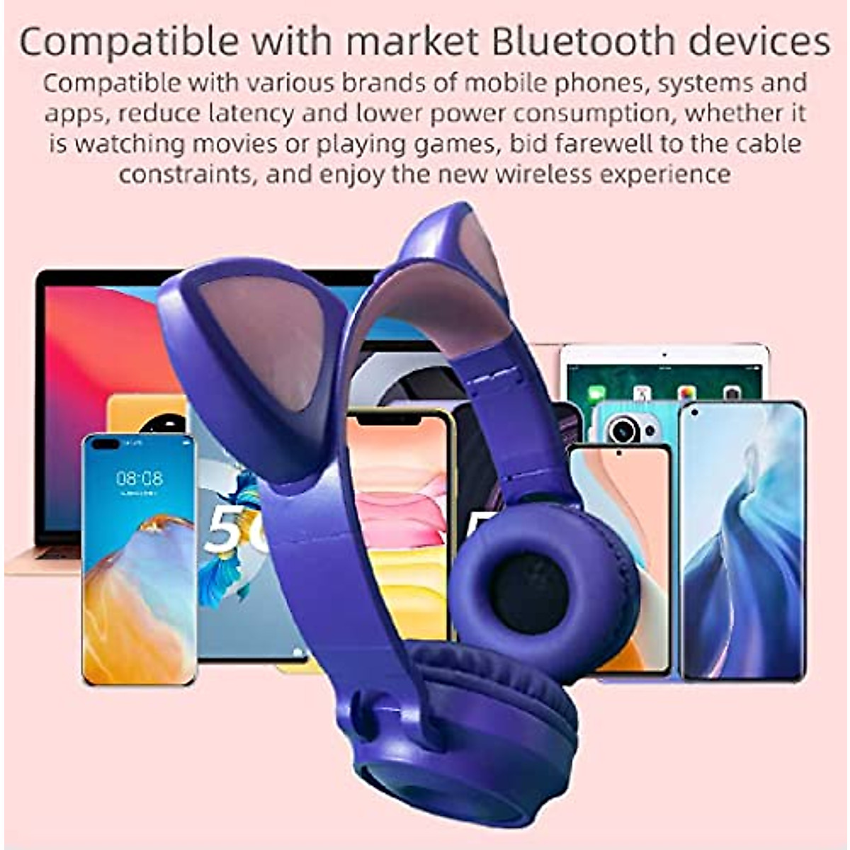 Asmi Bluetooth Headphones, Wireless Cat Ear Headphones LED Light Up Wireless Headphones Over Ear, Foldable & Lightweight Stereo Wireless Headset for Travel Work TV PC Cellphone (Purple)