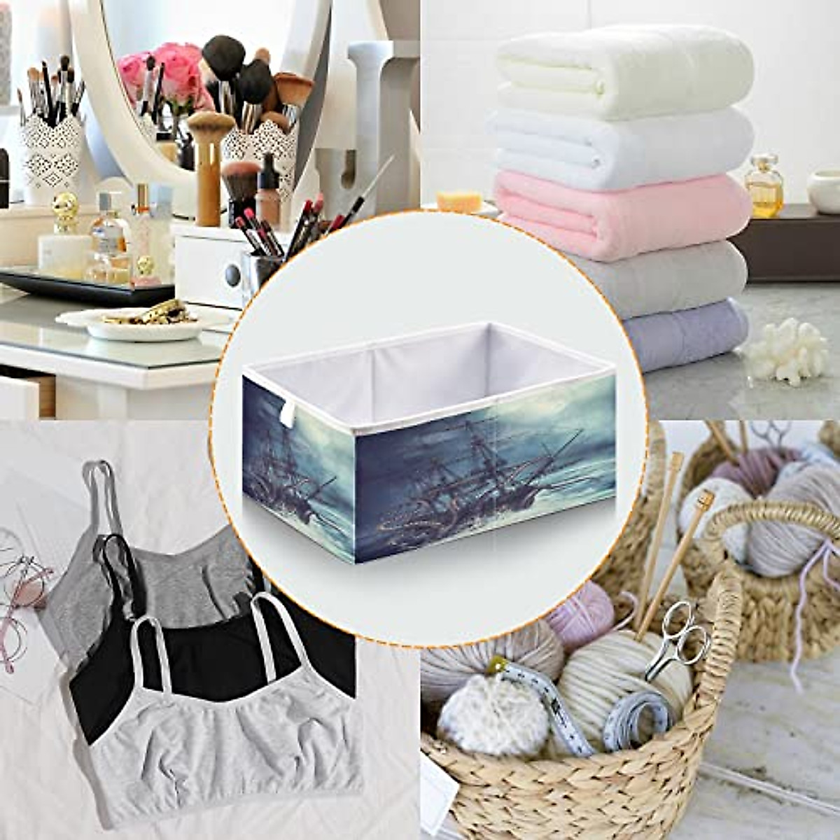 Blueangle Pirate Ship Rectangle Storage Bin, 15.8 x 10.6 x 7 in, Large Collapsible Organizer Storage Basket for Home Décor（414）