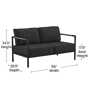 EMMA + OLIVER Black Aluminum Frame Loveseat with Teak Arm Accents and Charcoal Cushions