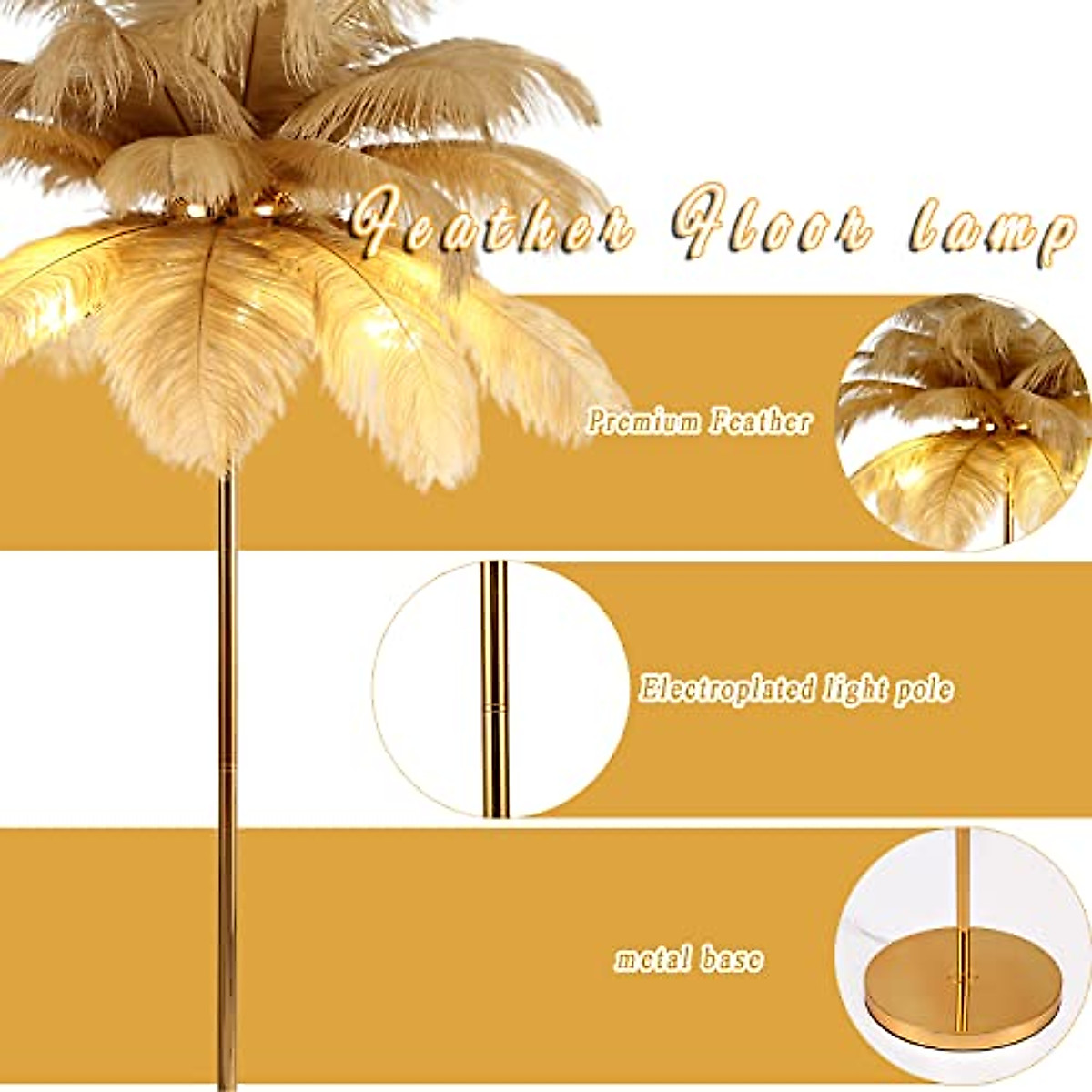 ESTUWD Ostrich Feather Floor Lamp, Dimmable Floor Lamp with Footswitch (Contains Light Sources), Gold Standing Lamp for Bedrooms and Living Room H : 160cm… (Camel)