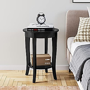 IDEALHOUSE Black End Table Living Room Small Side Table with 2-Tier Storage Shelves Round Bedside Tables Bedroom Elegant Slim Coffee Table for Small Spaces