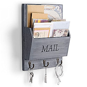 DLQuarts Mail Organizer with Key Holder for Wall Decorative Mail Sorter Wall Mounted, Wooden Mail Holder with 3 Hooks, Gray