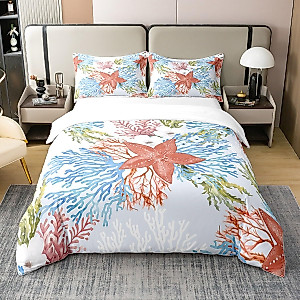 100% Cotton Watercolor Ocean Animals Duvet Cover Queen Size,Colorful Starfish Underwater Flowers Coral Super Soft Bedding Set,Summer Seaside Camping Coastal Plants Comforter Cover Bedding 3 Piece