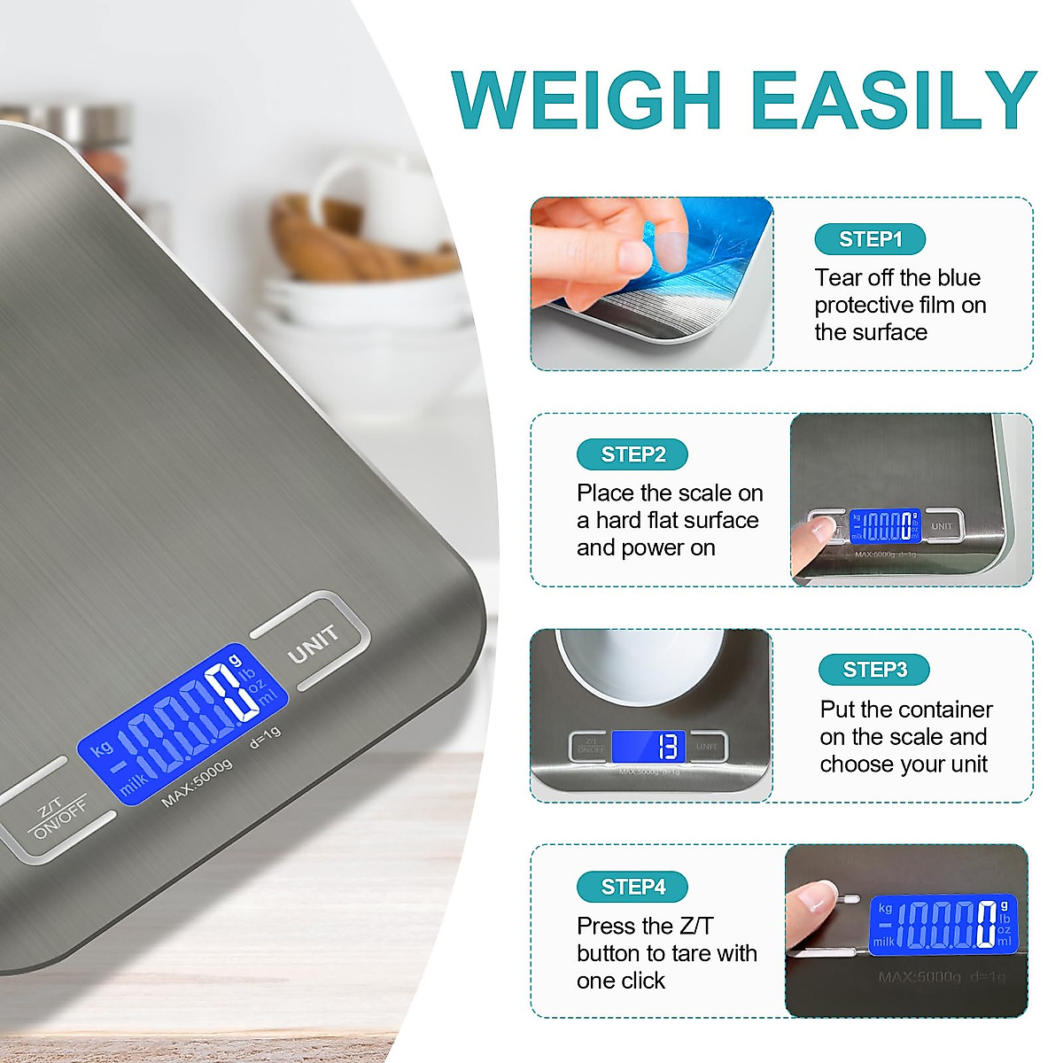 Food Scale, 11lb Kitchen Scale with 6 Units Tare Function & LCD Display, 0.05oz/1g Stainless Steel Digital Food Scale Grams and Ounces for Baking, Cooking, Dieting and Meal Prep (Batteries Included)