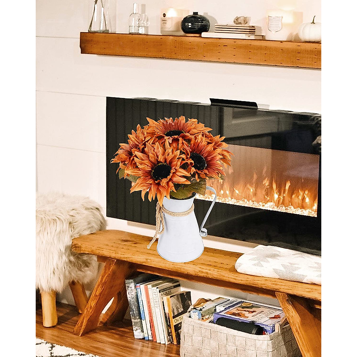 DDHS Artificial flower Centerpieces,15inch Fake Sunflower Potted Plants for Home Kitchen Office centerpiece, Fake Flower centerpiece Coffee Table with Metal Pots, Thanksgiving Table Centerpieces Decor