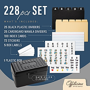 OFFILICIOUS Index Card Holder 3x5 Set – Heavy-Duty Index Card Organizer Box with Dividers – 100 Ruled Index Cards 3x5, 25 Manila Dividers, 25 Plastic Dividers, 72 Easy-Read Stickers & 5 Box Labels