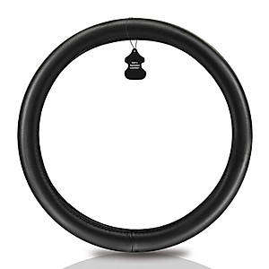 Haokay Heavy Duty Pure Cowhide Steering Wheel Cover, Black Genuine Leather Steering Wheel Cover Men Women Universal 14.5 to 15 Inch