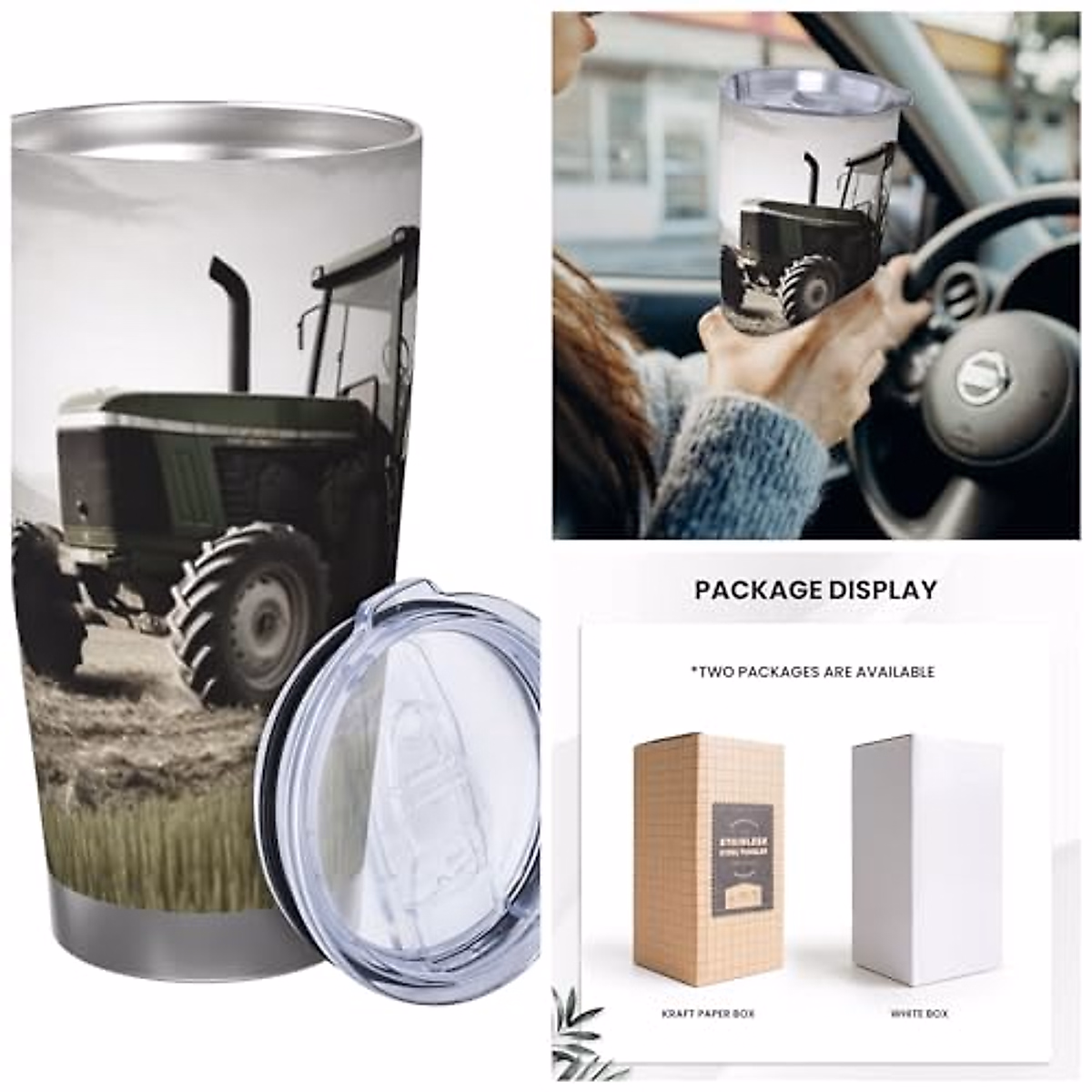 Tractor Agriculture Tranquil Tumbler with Lid and Straw 20oz Stainless Steel Car Cup for Hot and Cold Drinks, Double Wall Insulated Travel Coffee Mug Reusable Drink Thermos Cup Birthday Gifts