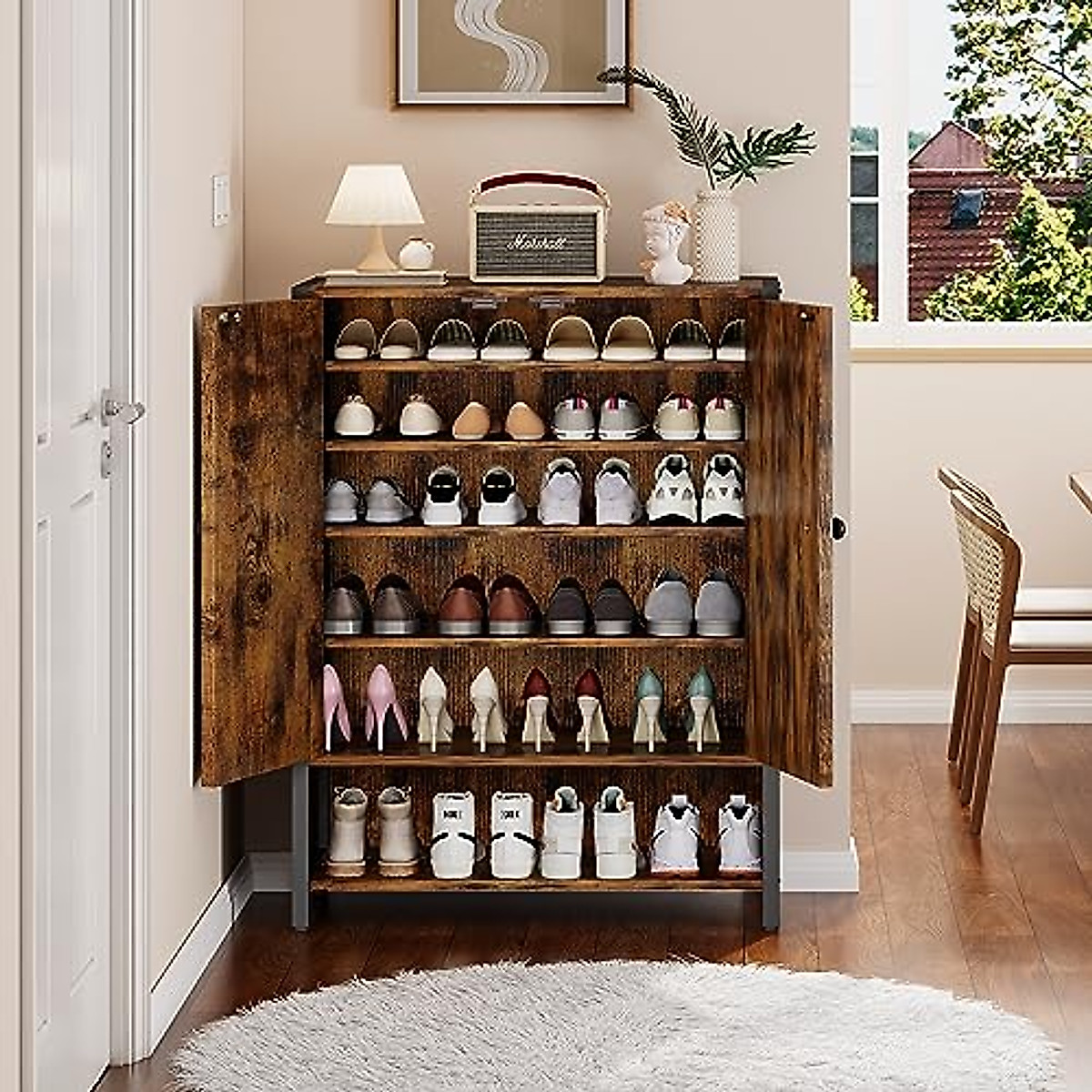 Homeiju Shoe Cabinet with Doors and Shelves,24 Pairs Entryway Shoe Storage Cabinet with Adjustable Shelves,6-Tier Free Standing Shoe Organizer Cabinet for Entryway (Rustic Brown)