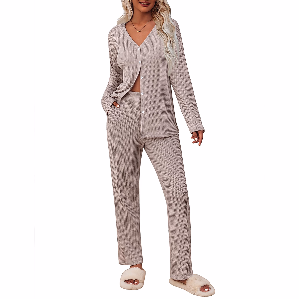 Ekouaer Women's Waffle Loungewear Set Button Down Long Sleeve Pajamas Set Soft Casual Loose Sleepwear Pjs Set Beige Small