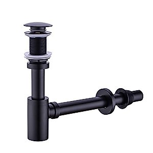 GORDEE Bathroom Sink Stopper P-Trap Complete Set Adjustable 1-1/4 Bottle Trap Solid Brass Sink Drain Kit Tube and Pop Up Drain Stopper Set Without Overflow, Matte Black