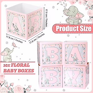 10 Pcs Baby Shower Flower Boxes Centerpieces Decorations Rustic Elephant Floral Baby Boxes with Letters Baby Shower Box Block for Tables Boy Girl Gender Reveal Birthday Party(Elephant Style)