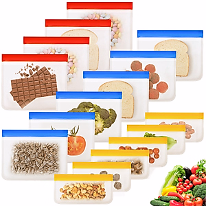 16Pack Reusable Food Storage Bags,Leakproof Reusable Freezer Bags,Extra Thick Reusable Silicone Bags BPA Free PEVA for Marinate Food Lunch Travel Items (4 Gallon Bags+6 Sandwich Bags+6 Snack Bags)