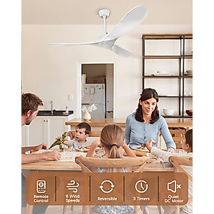KASASS Ceiling Fan with Remote Control No Light, 52" Low Profile Ceiling Fan Outdoor/Indoor, 3 Blades 6 Speeds Reversible DC Motor Modern Ceiling Fans for Patio, Bedroom, Living Room, Porch (White)